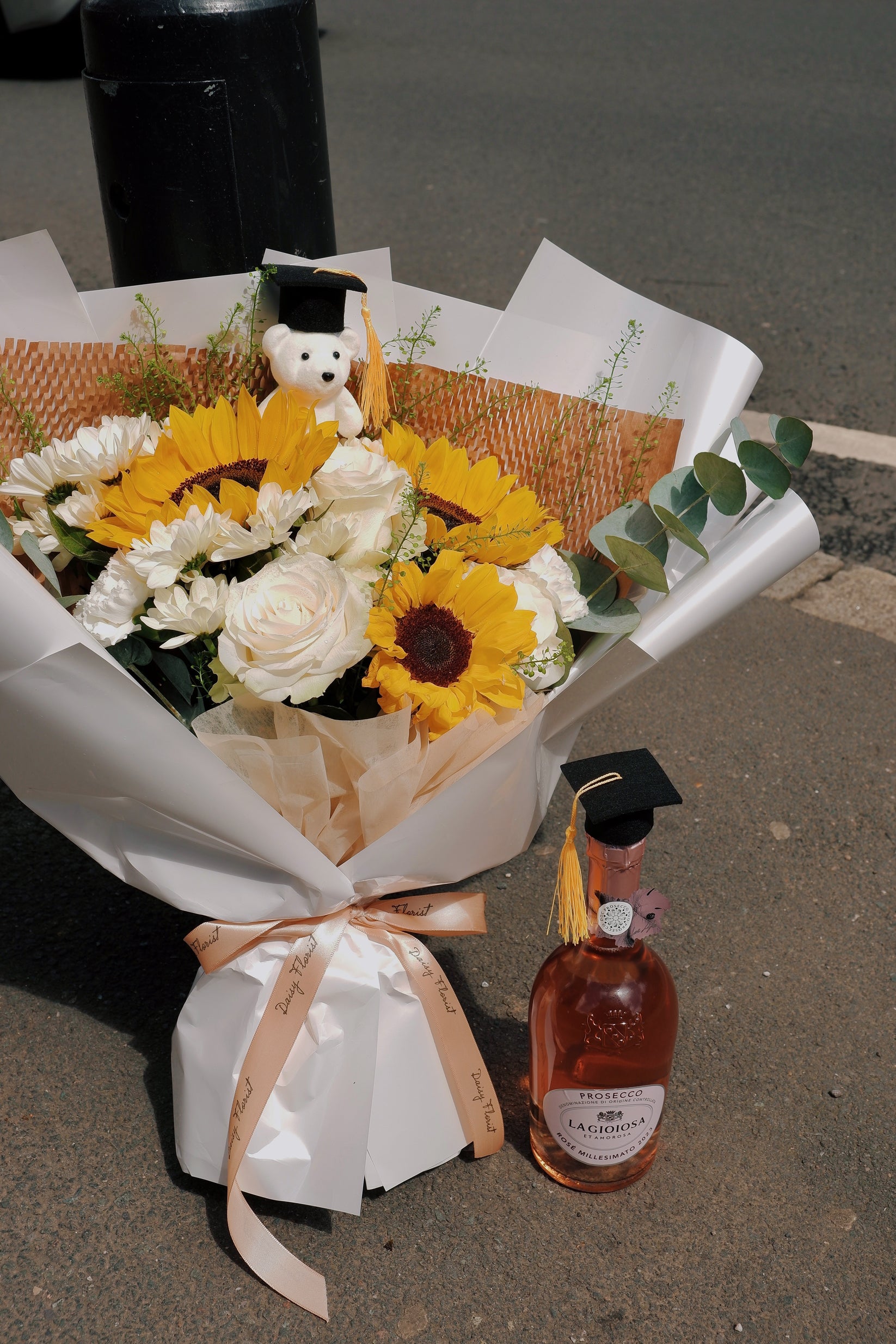Graduation Fresh Bouquet Mixed Sunflowers White Flowers w mini teddy bear Daisy Florist
